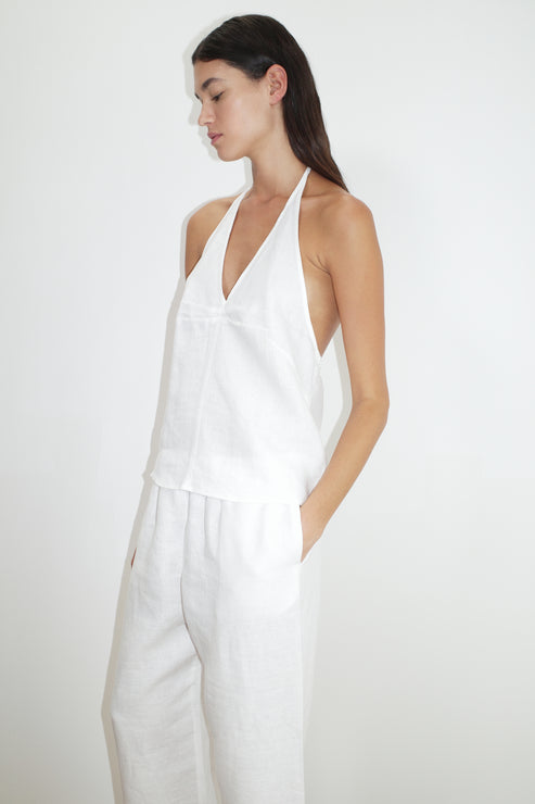 Linen Pinched Halter Top - White