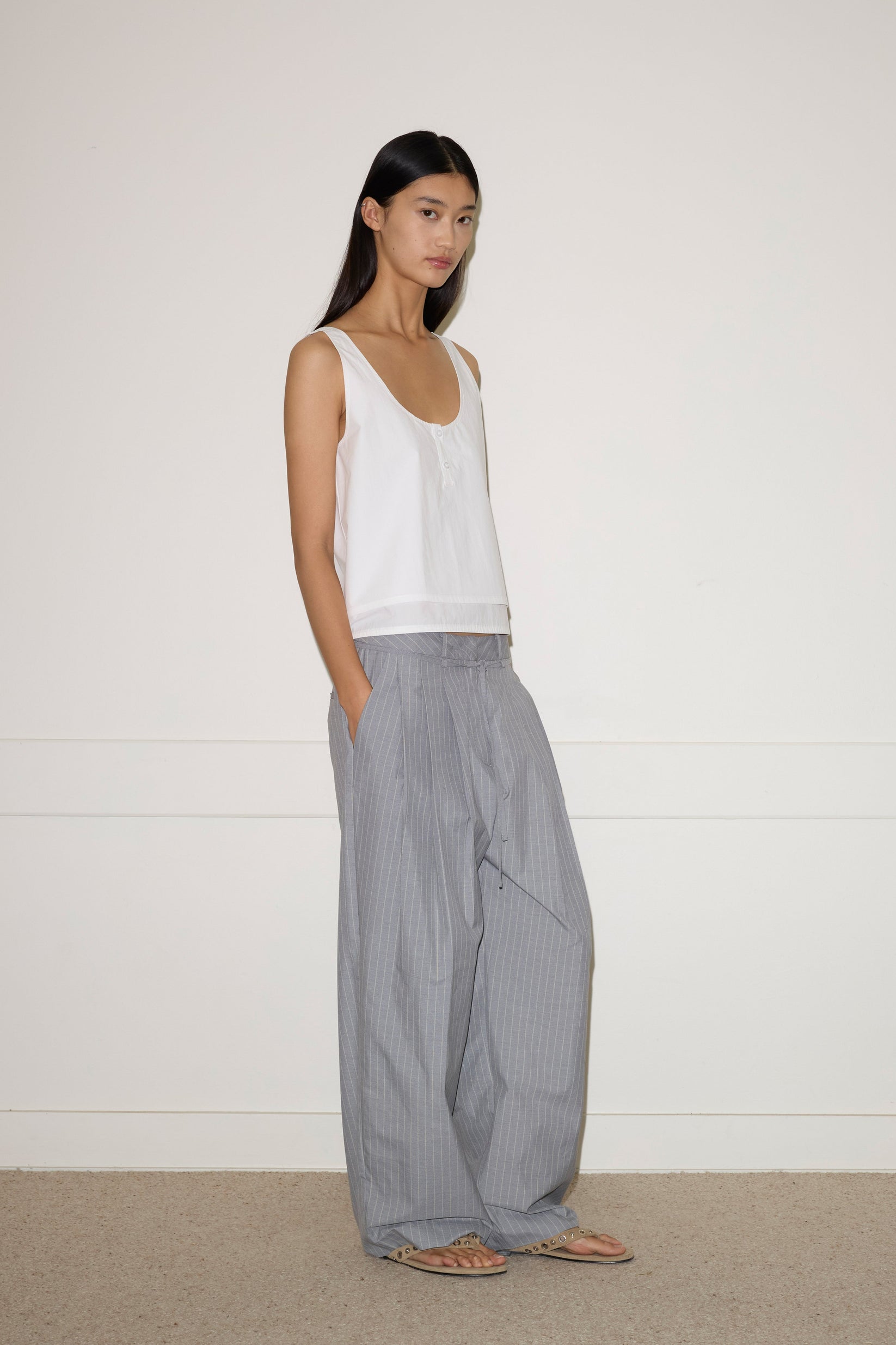 Tri Pleat Pure Wool Pant - Steele Stripe