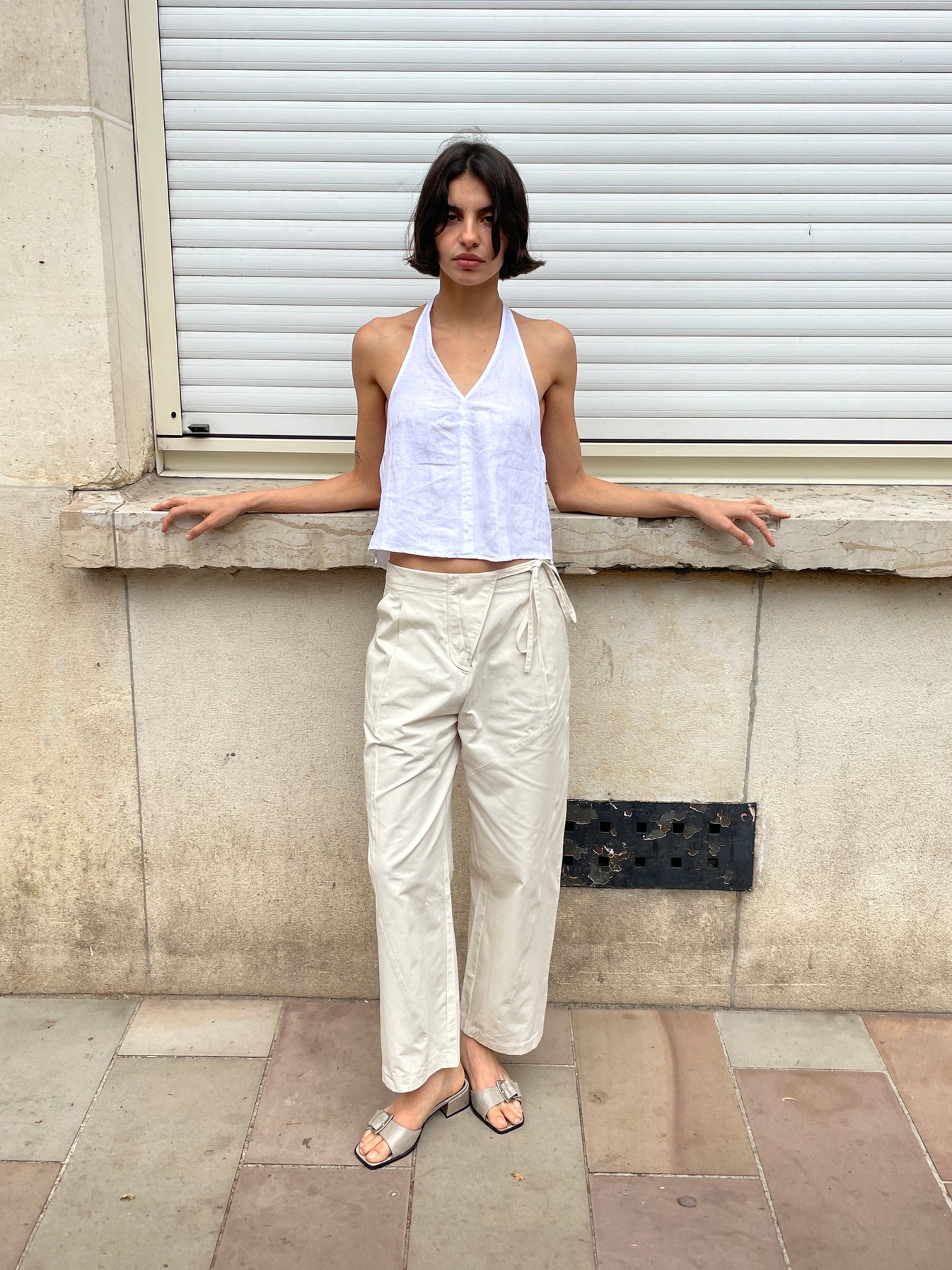 Linen Pinched Halter Top - White