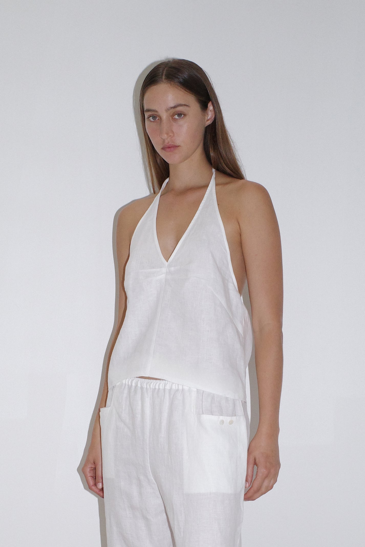 Linen Pinched Halter Top - White