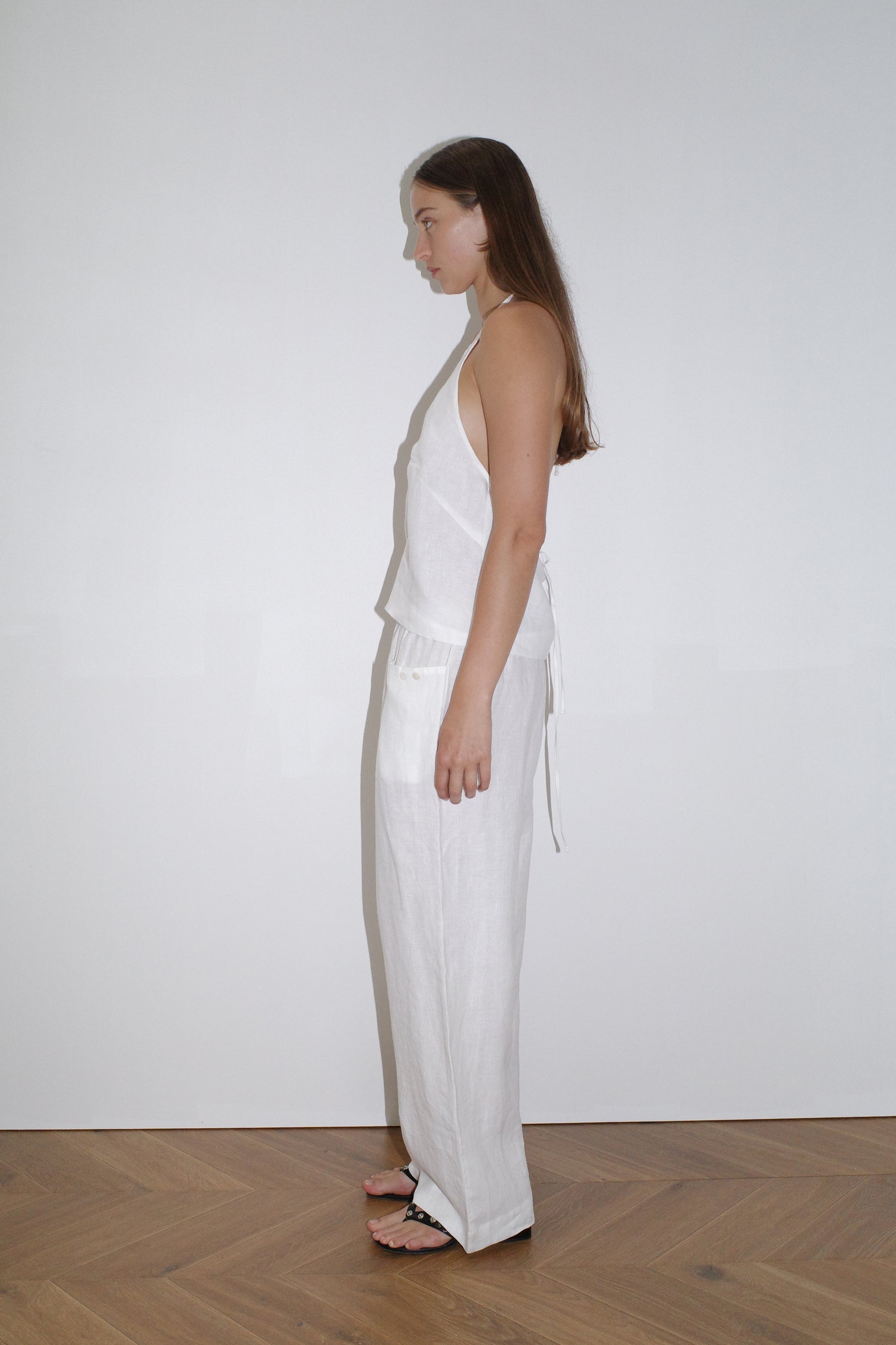 Linen Pinched Halter Top - White