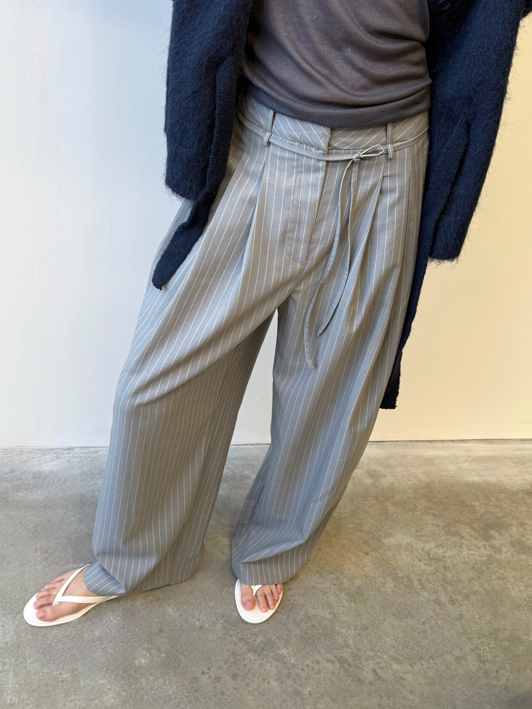 Tri Pleat Pure Wool Pant - Steele Stripe